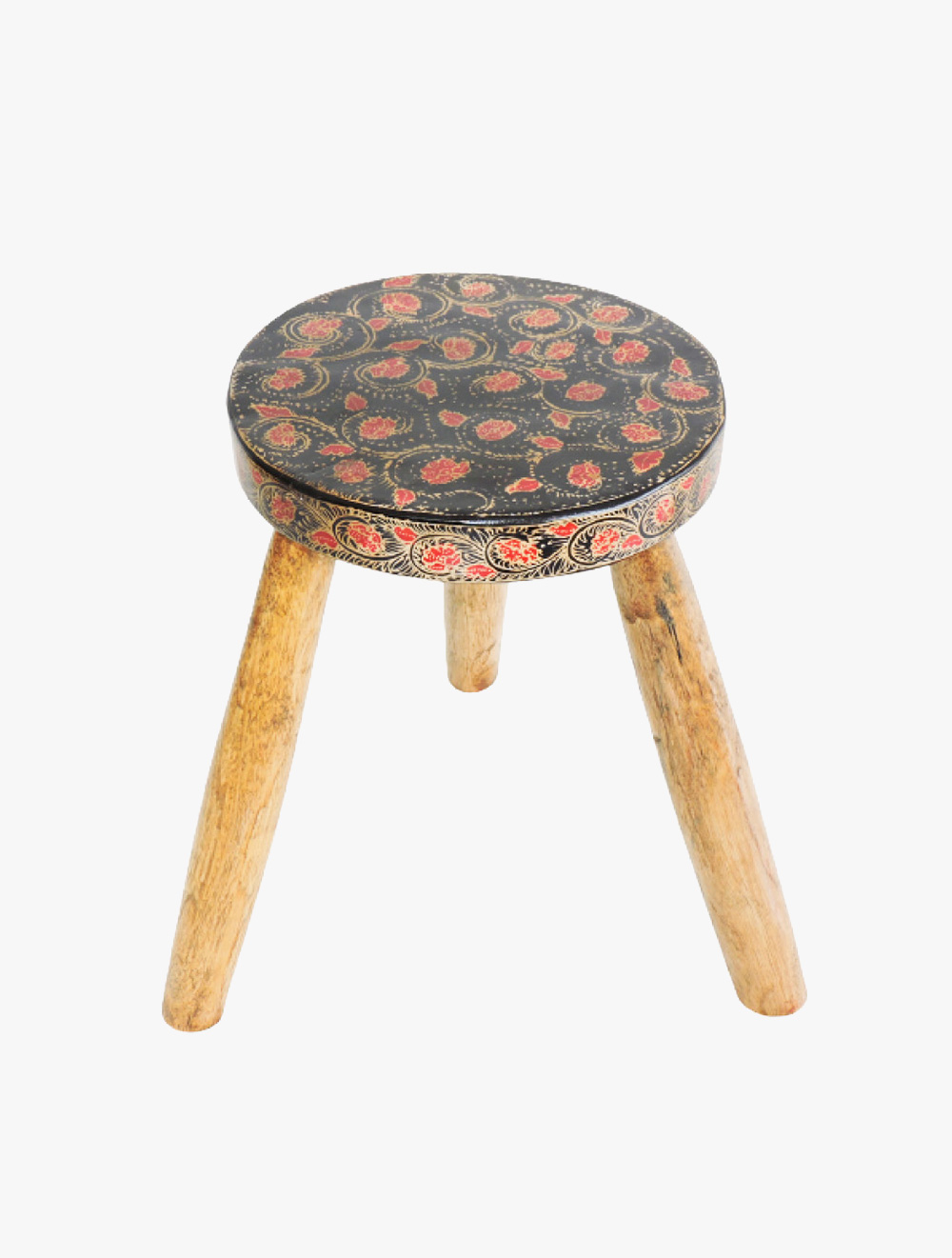 Teak Wood 3 Legged Stool - Round - Natural Waxed - Batik On Top - Motif E
