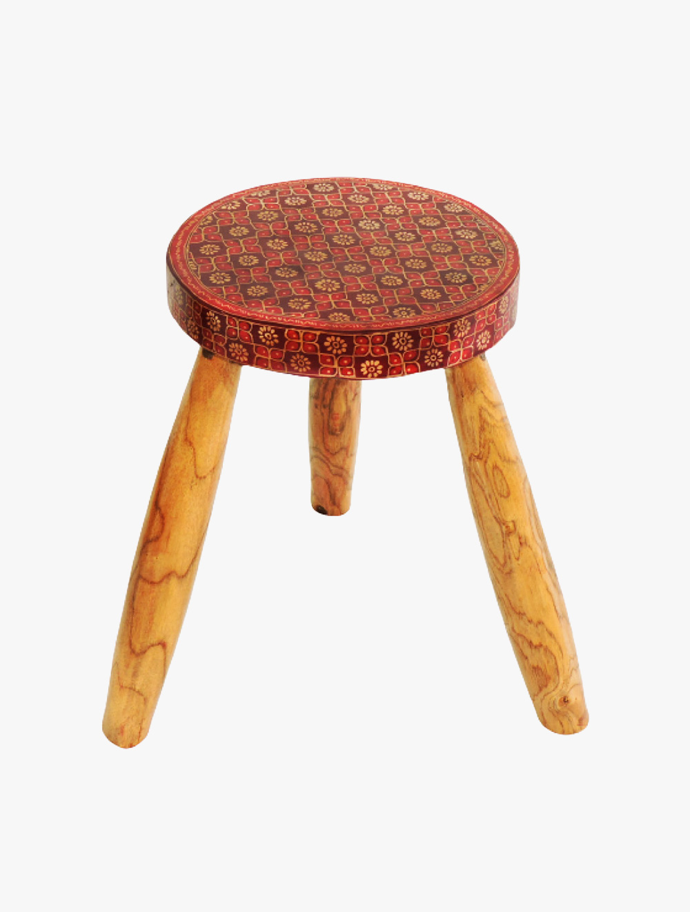 Teak Wood 3 Legged Stool - Round - Natural Waxed - Batik On Top - Motif B